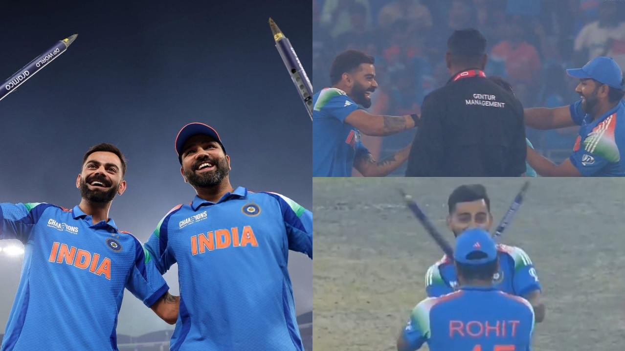 CT 2025: WATCH- Rohit Sharma and Virat Kohli play dandiya with stumps to celebrate Champions ...